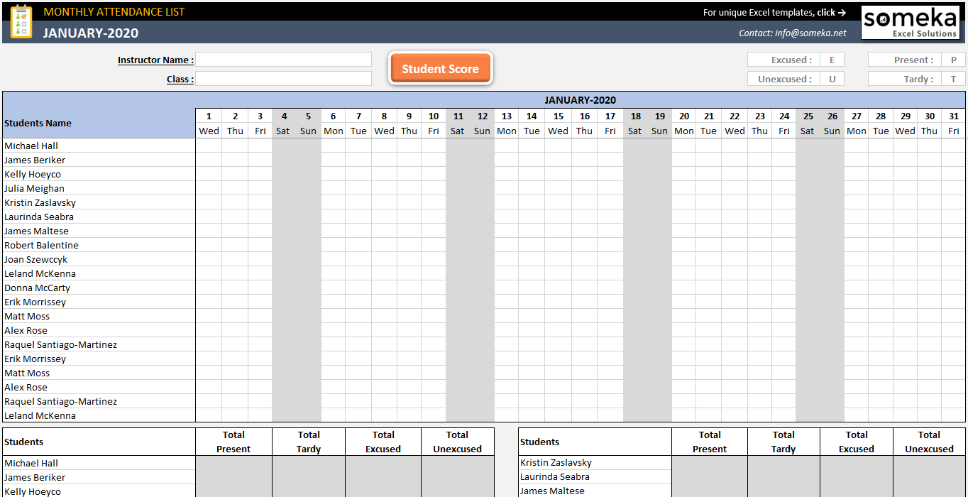Attendance Sheet Template In Excel Free Download
