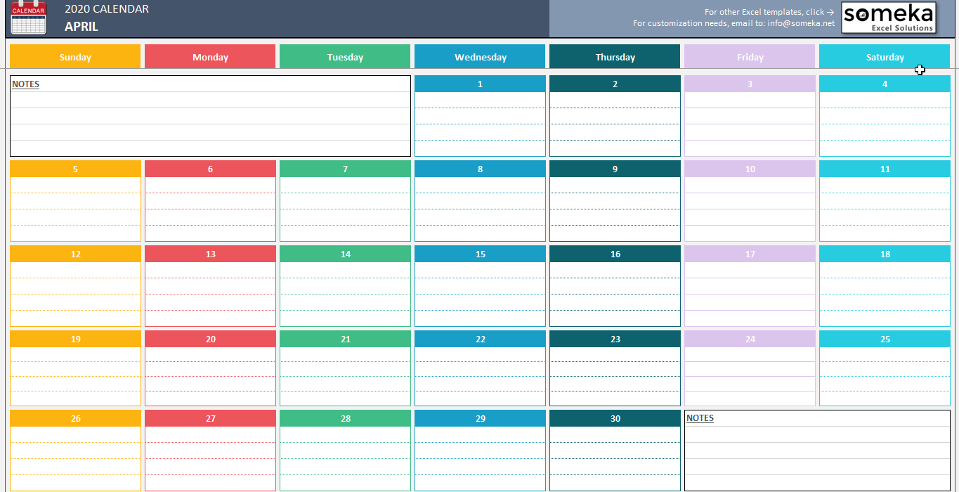 Excel Calendar Template 2020 Free Printable Calendar
