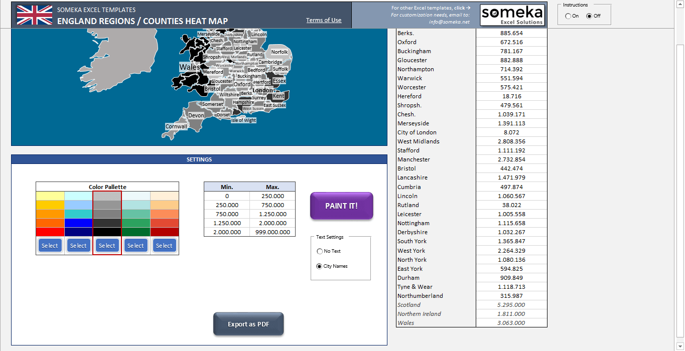 UK Heat Map Excel Template - Automatic City / County Coloring UK Heat Map Excel Template - Automatic City / County Coloring