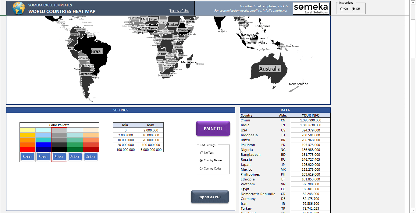 World Heat Map Excel Template Automatic Country Coloring - V World Heat Map Excel Template Automatic Country Coloring - V