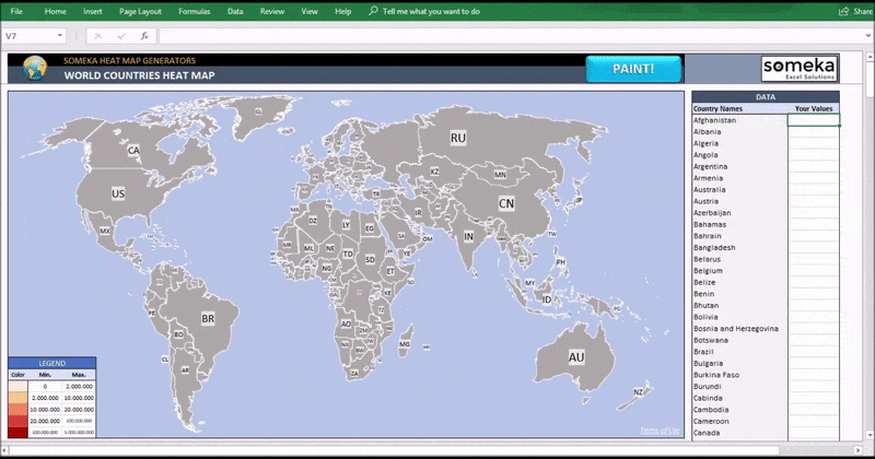 World Heat Map Excel Template - Automatic Coloring Map of World