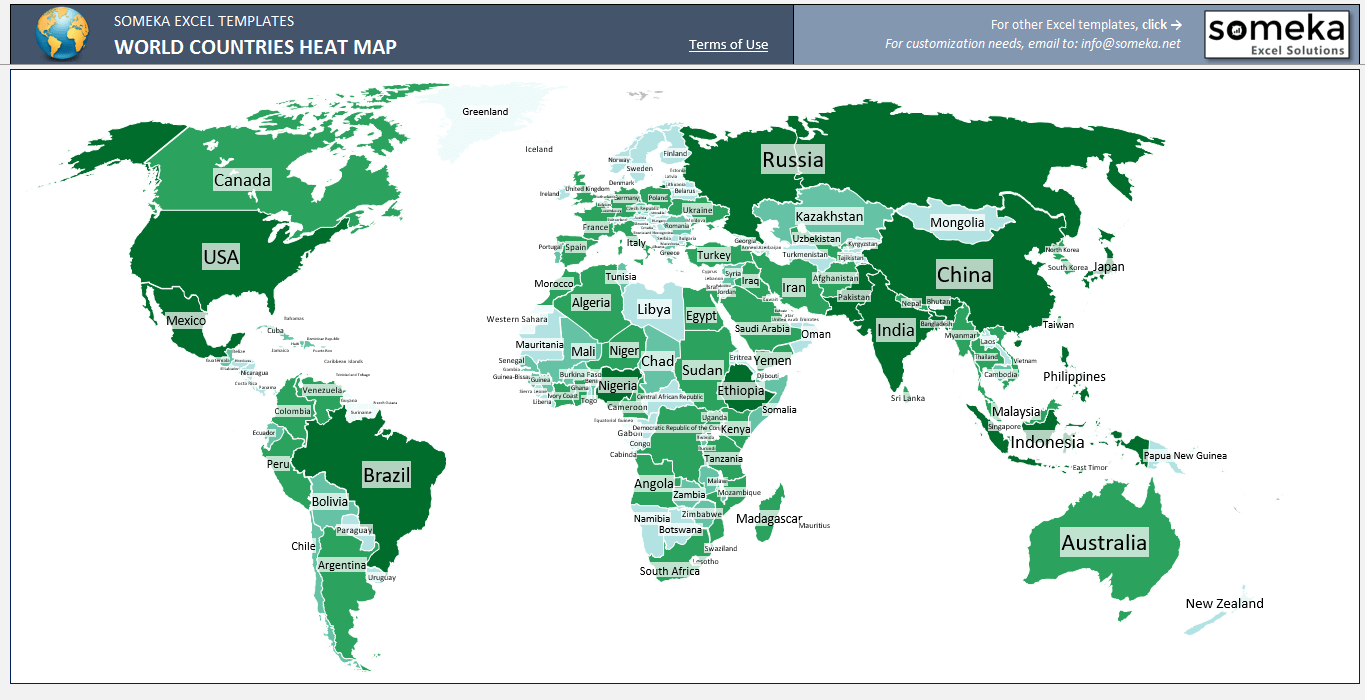 World Heat Map Excel Template Automatic Country Coloring