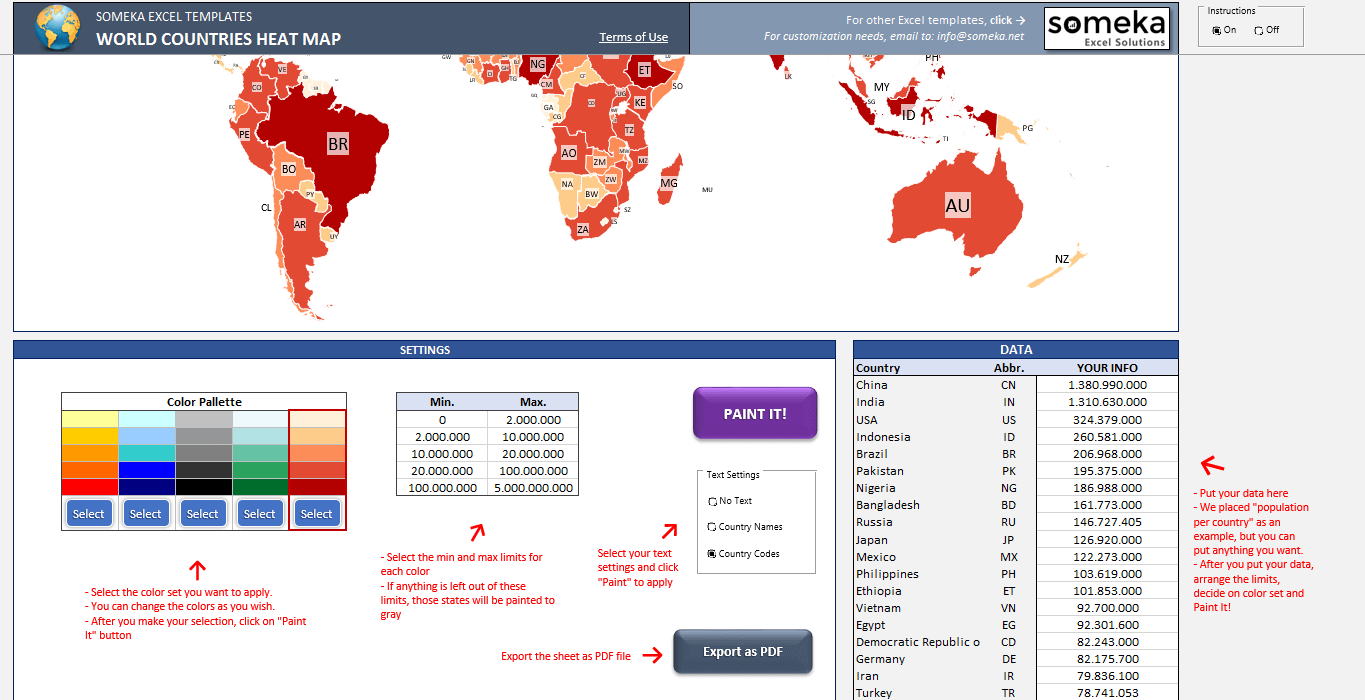 World Heat Map Excel Template Automatic Country Coloring - V World Heat Map Excel Template Automatic Country Coloring - V