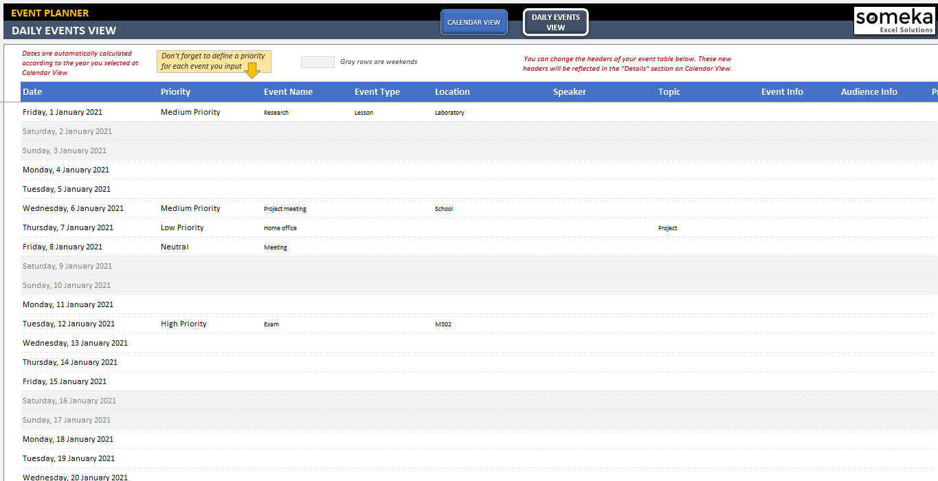 Dynamic Event Calendar Template Interactive Excel Calendar