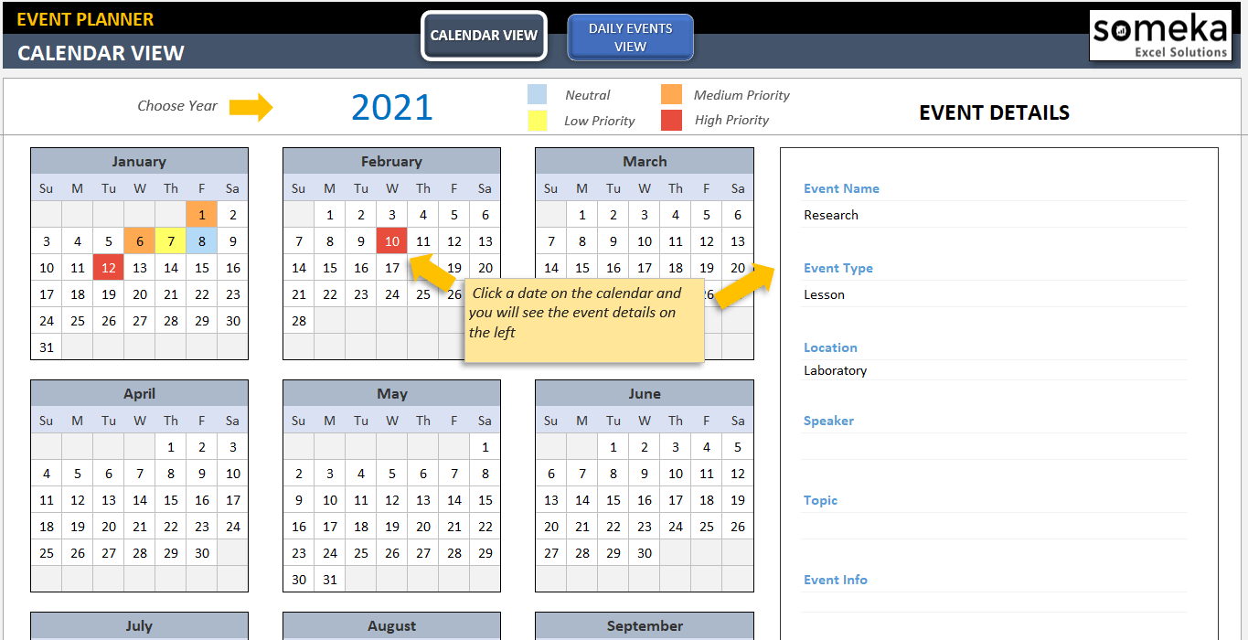 Dynamic Event Calendar Template Interactive Excel Calendar