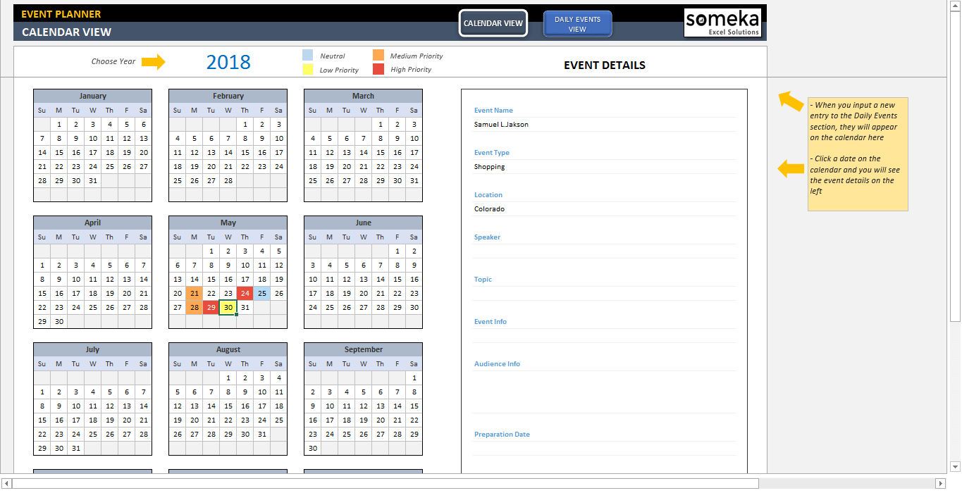Dynamic Event Calendar Template Interactive Excel Calendar
