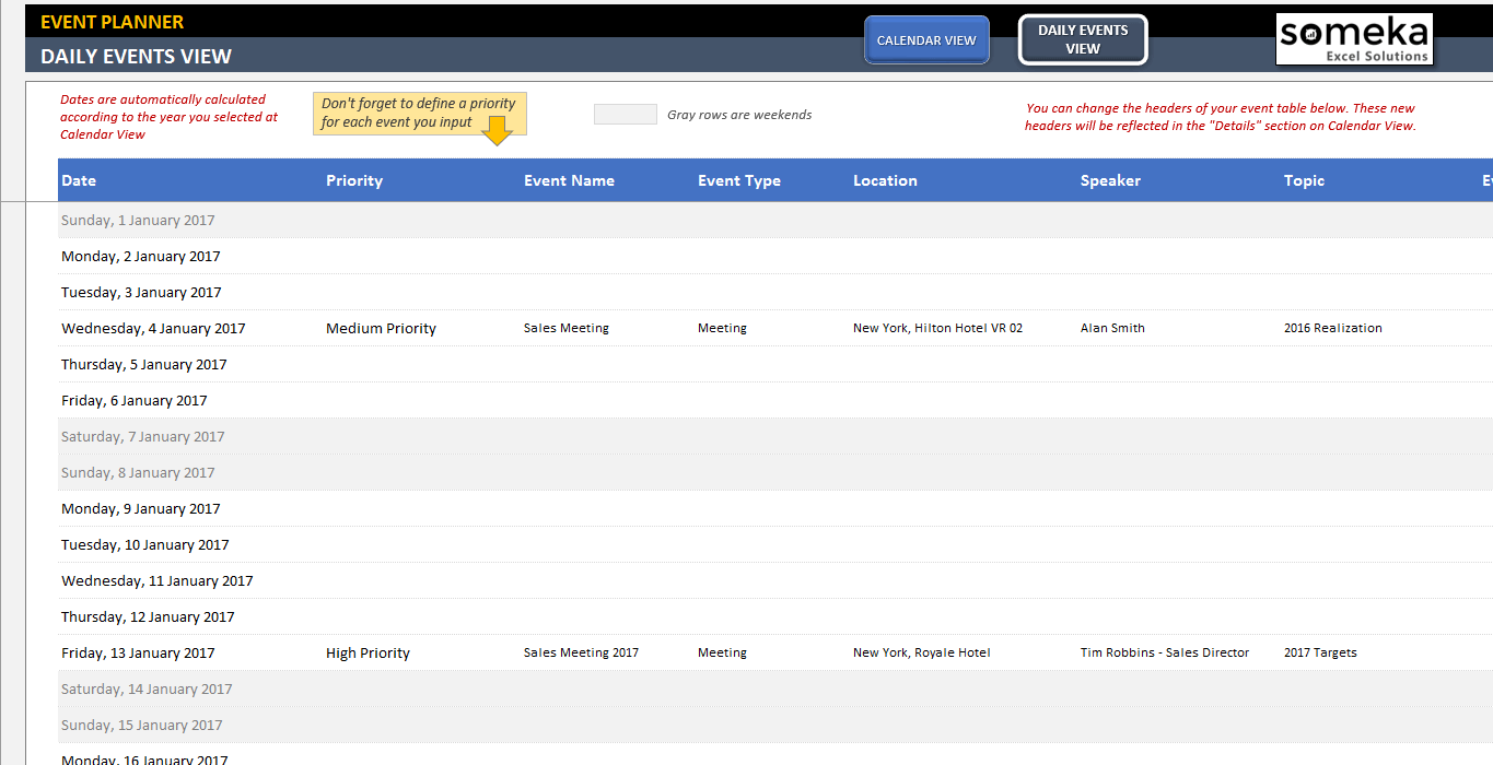 Dynamic Event Calendar Template Interactive Excel Calendar
