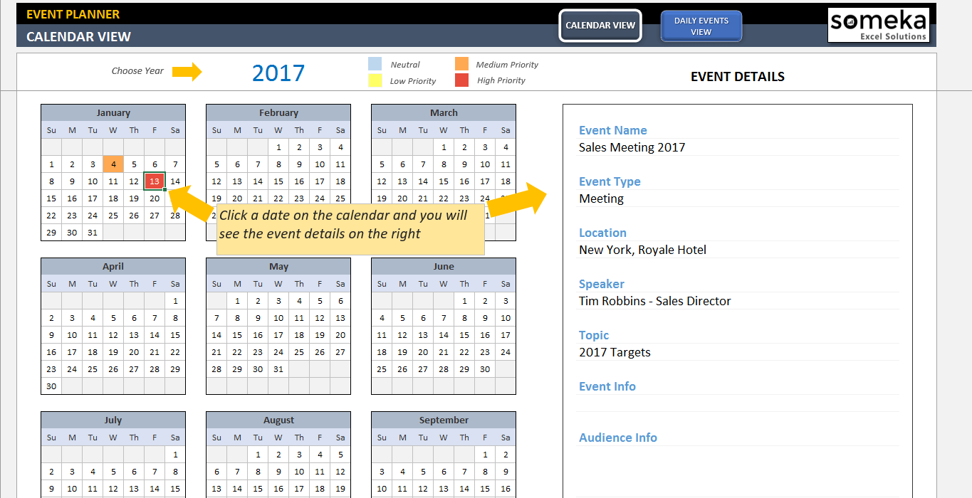 Dynamic Event Calendar Template Interactive Excel Calendar