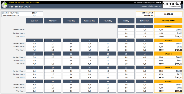 Timesheet Calendar Excel Template 2022 | Monthly Timesheet