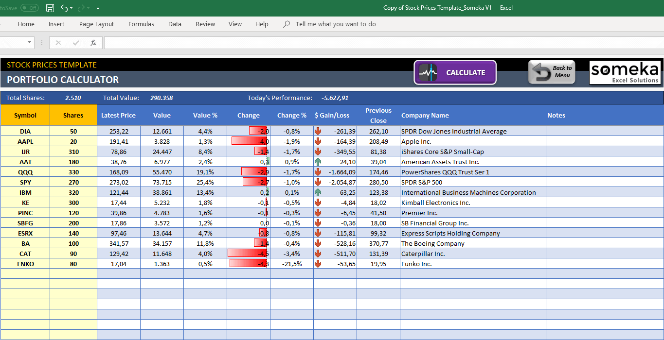 Excel Stock Price Calculator Real Time Stock Quotes Template