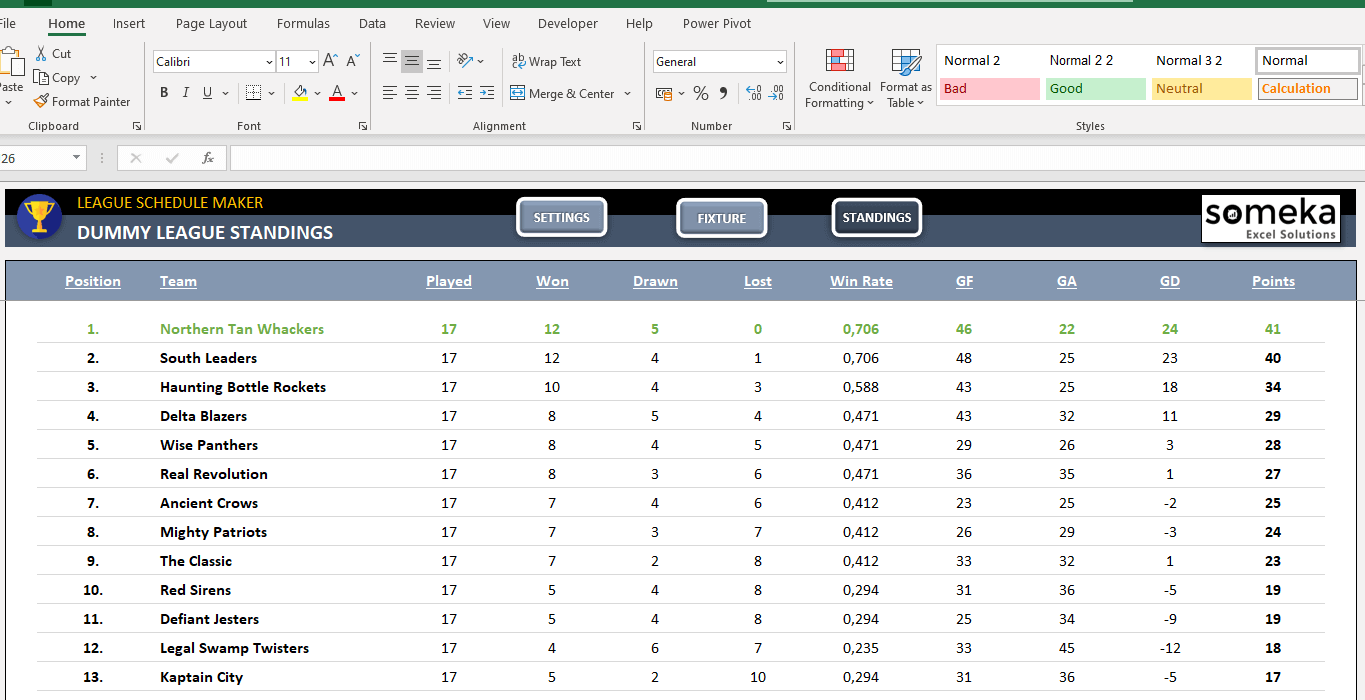 Excel League Schedule Maker Sports League Fixture Generator