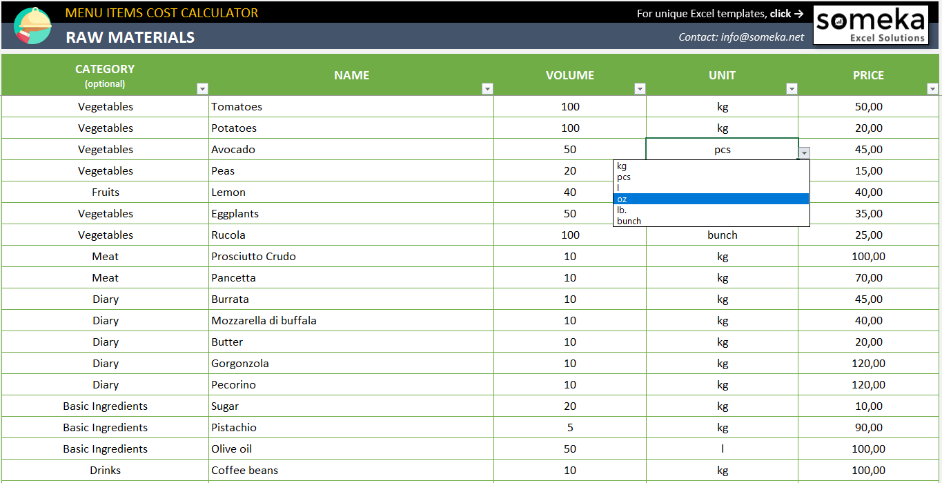 Food Cost Excel Template Recipe Cost Calculator Spreadsheet