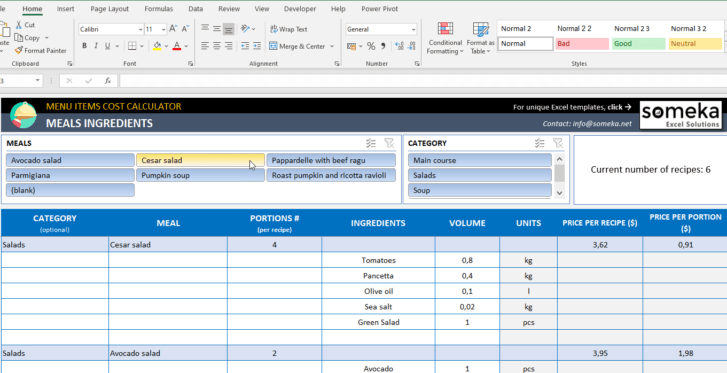 Food Cost Excel Template | Recipe Cost Calculator Spreadsheet