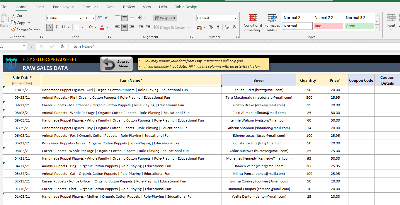 Excel Etsy Seller Spreadsheet Etsy Seller Bookkeeping Template