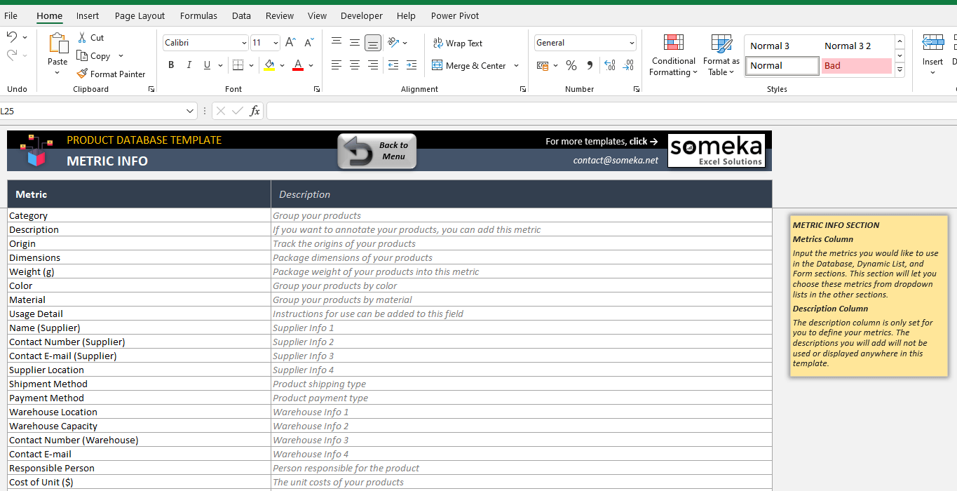 Product Database Excel Template | Products Technical Data Sheet