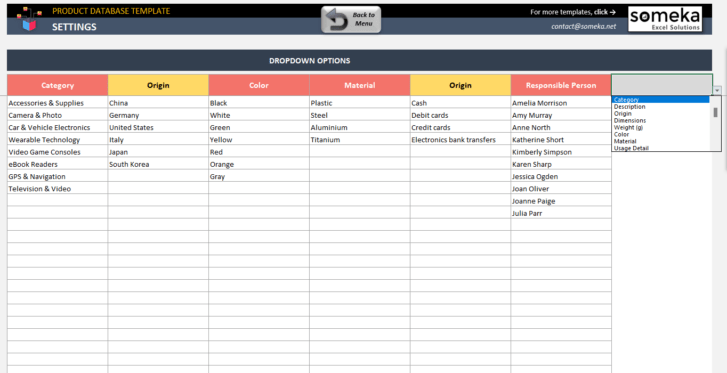 Product Database Excel Template | Products Technical Data Sheet