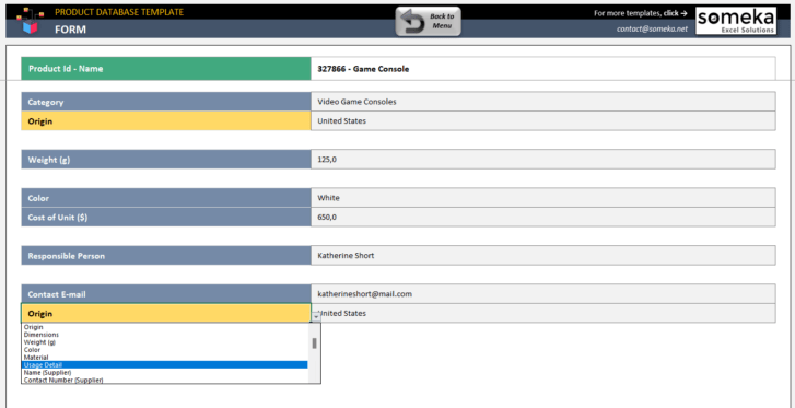 Product Database Excel Template | Products Technical Data Sheet