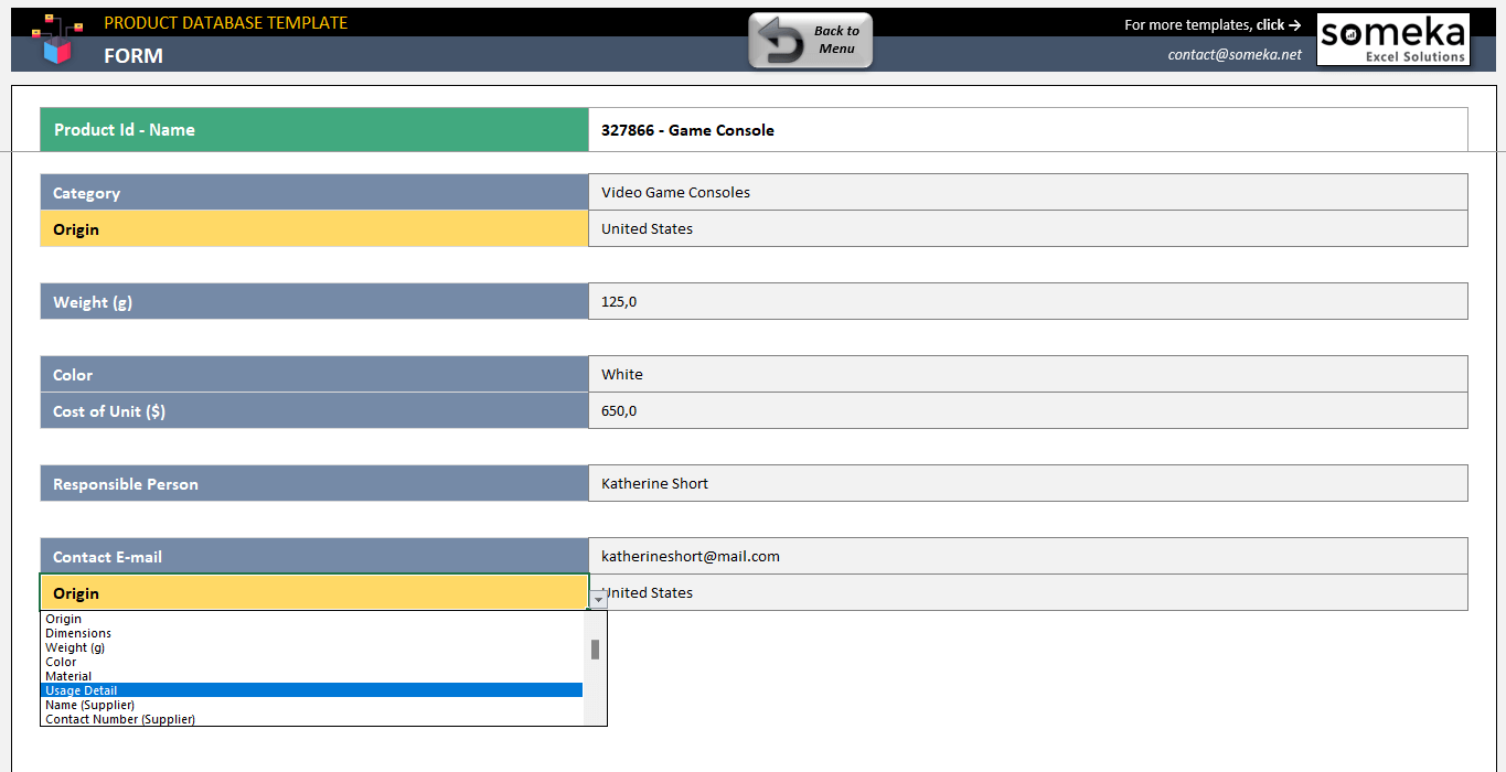 Product Database Excel Template | Products Technical Data Sheet