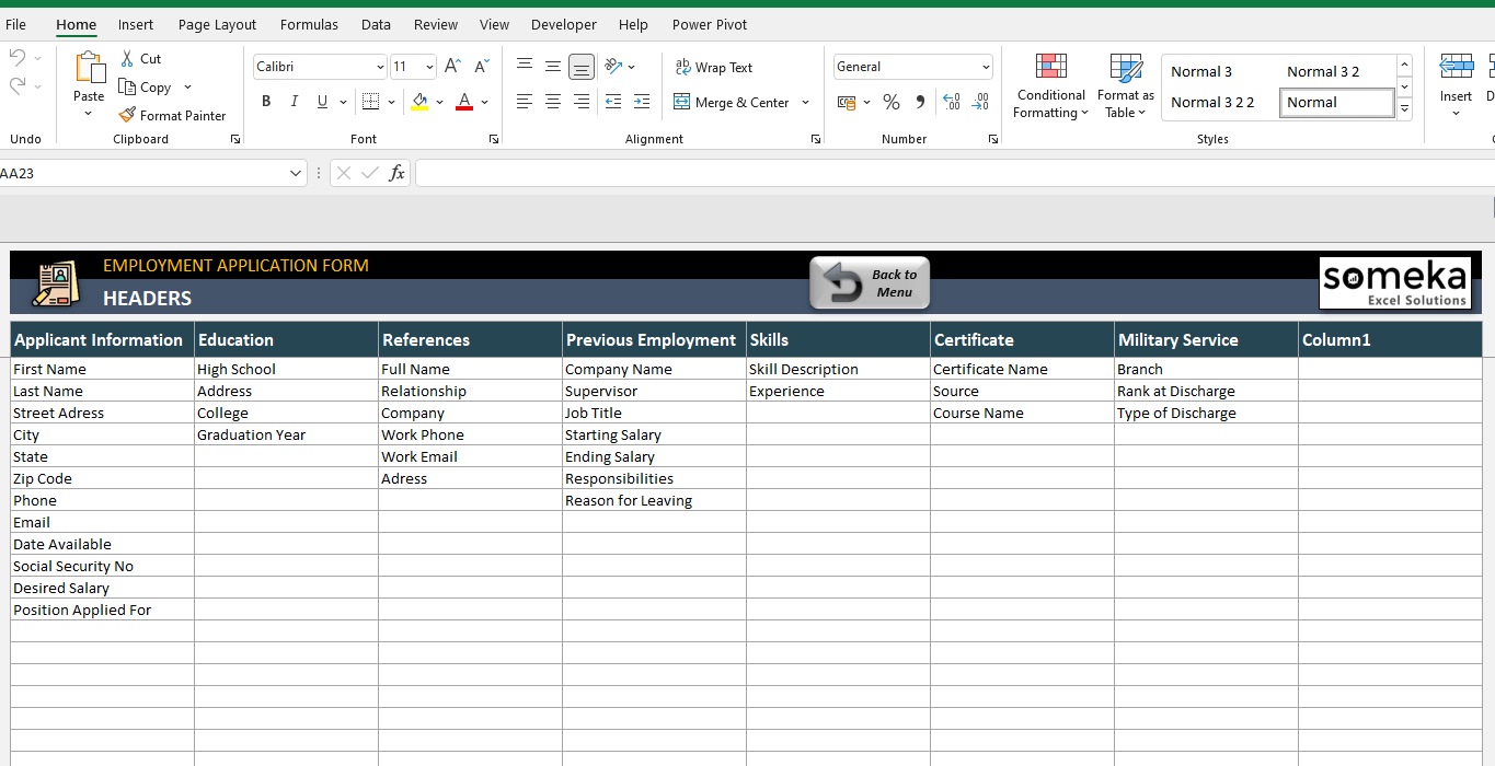 Job Application Excel Template HR Employee Application Form