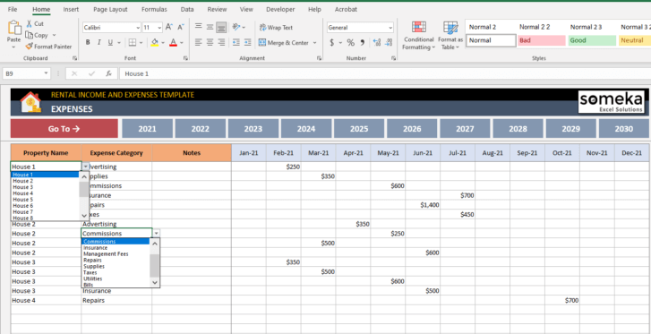 Rental Income Expenses Excel Template | Landlords Spreadsheet