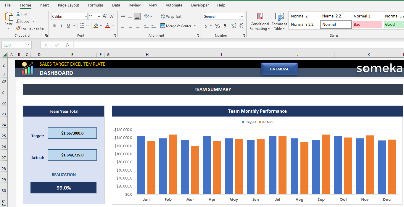 Sales Target Excel Template Sales Team Performance Dashboard