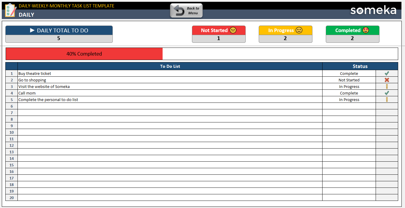 Daily Weekly Monthly Task List Excel Template To Do List