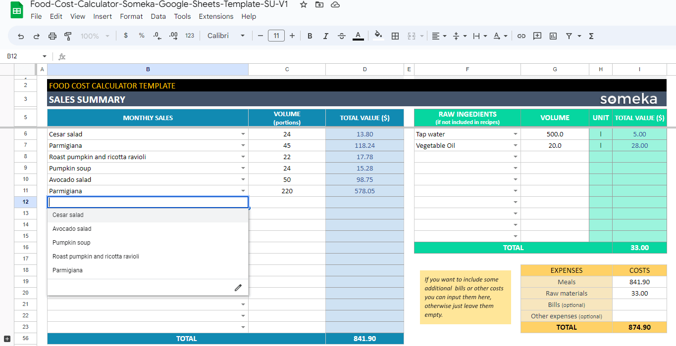 Food Cost Calculator Google Sheets Template Food Budgeting