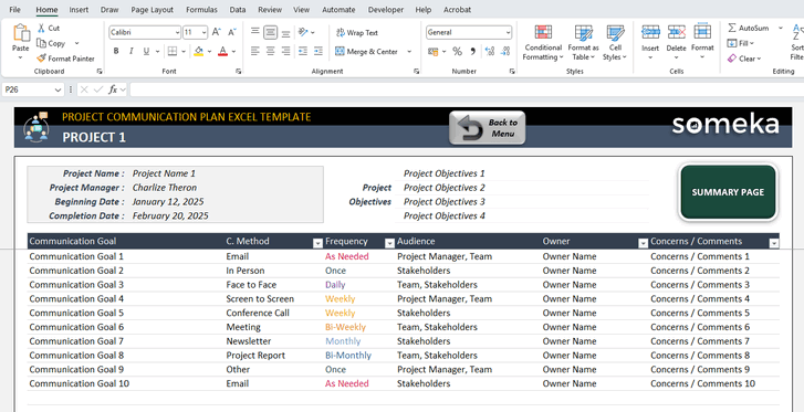 Project Communication Plan Template for Excel
