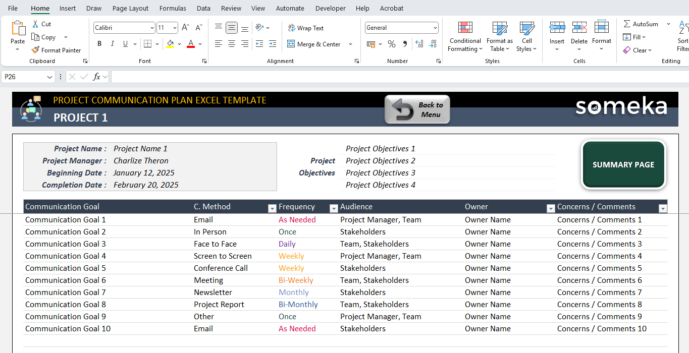 Project Communication Plan Template for Excel