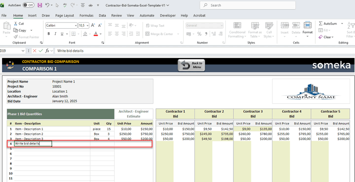 Contractor Bid Comparison Spreadsheet | Excel Template